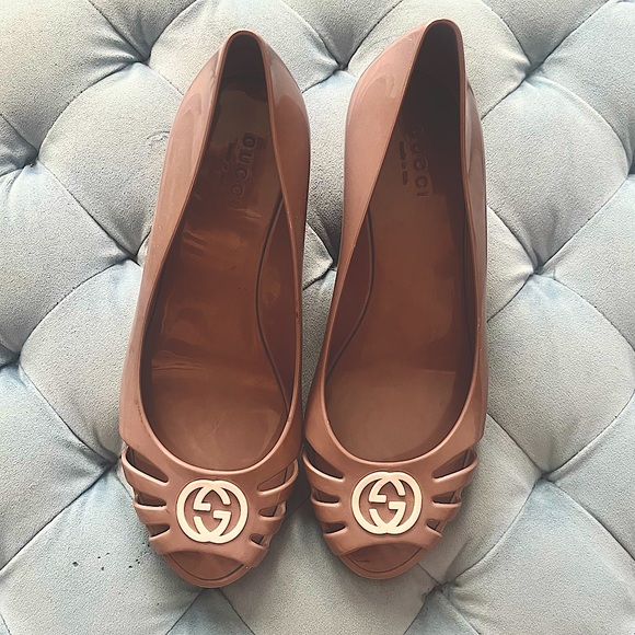 Gucci | Shoes | Gucci Jelly Wedges Interlocking G Logo Peep Toe Sandal ...